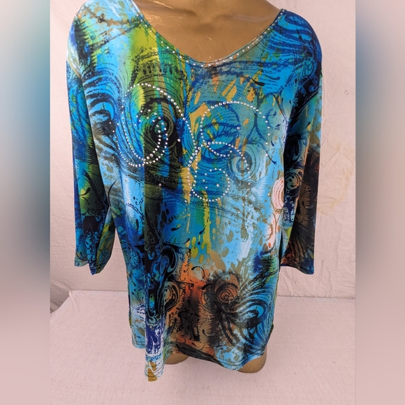 Valentina | Tops | Valentina Blouse Jewel Tone Blue Green Gold Abstract ...